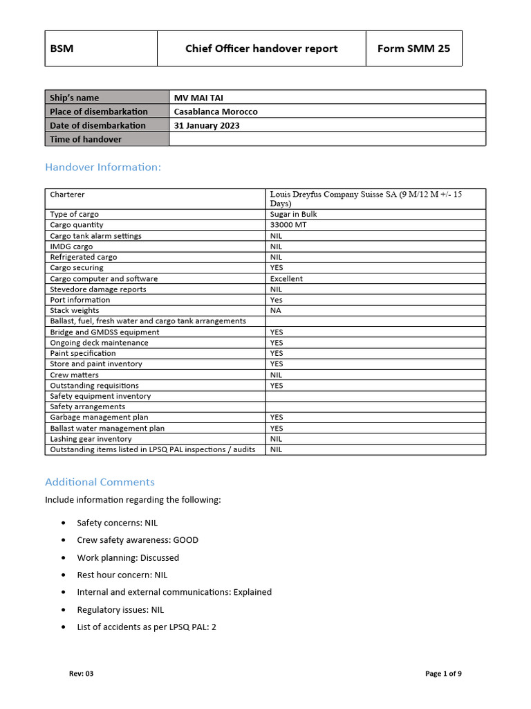 SMM 25 Chief Officer Handover Report (Rev.3) | PDF