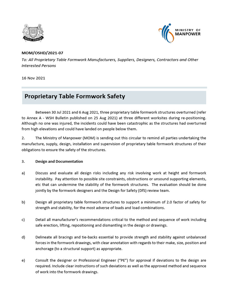 Circular 20211116 Proprietary Table Formwork Safety | PDF