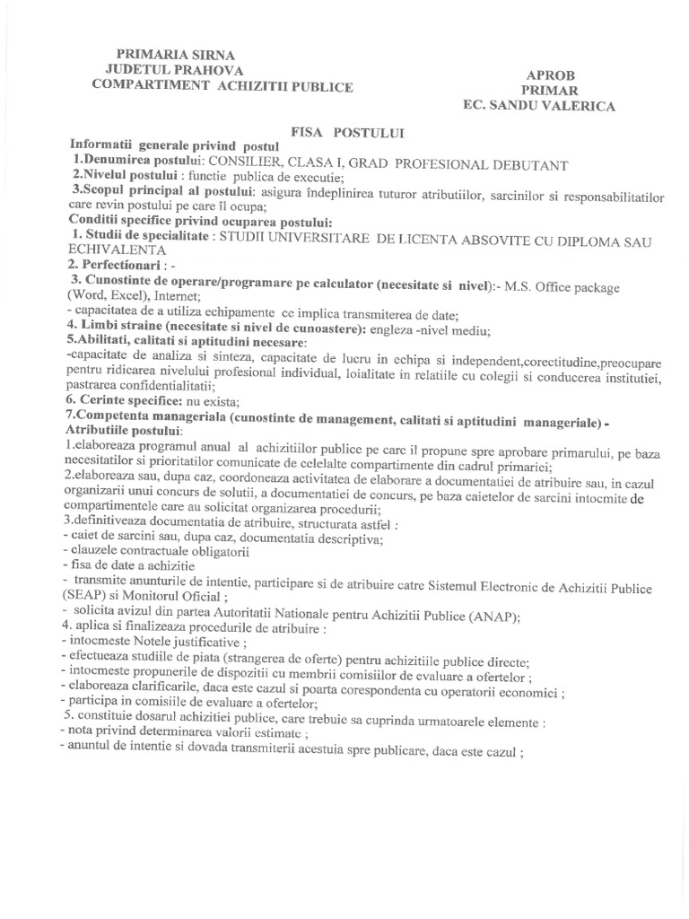 Fisa Post Consilier Achizitii Publice | PDF