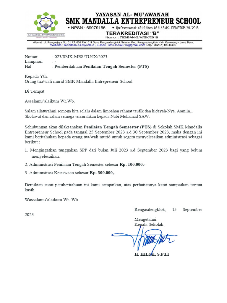 Surat Pemberitahuan PTS 2022-2023 | PDF