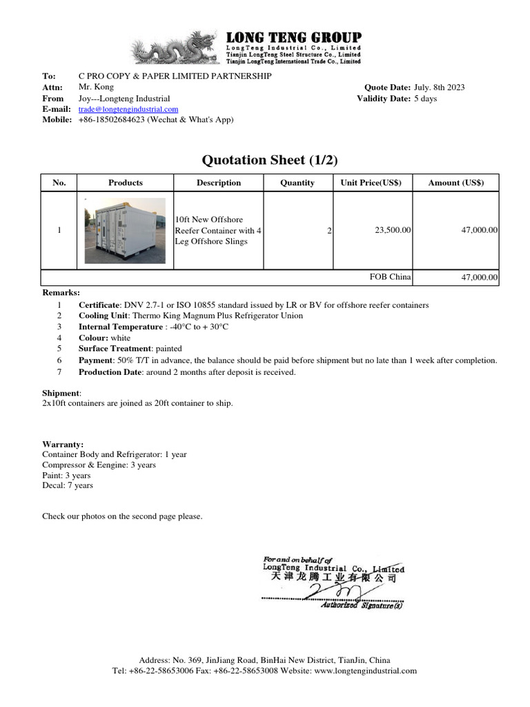 10ft Offshore Reefer Container | PDF
