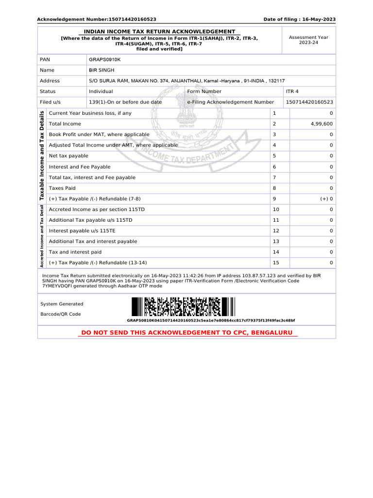 ITR-4 Acknowledgement for AY 2023-24 | PDF | Income | Personal Finance