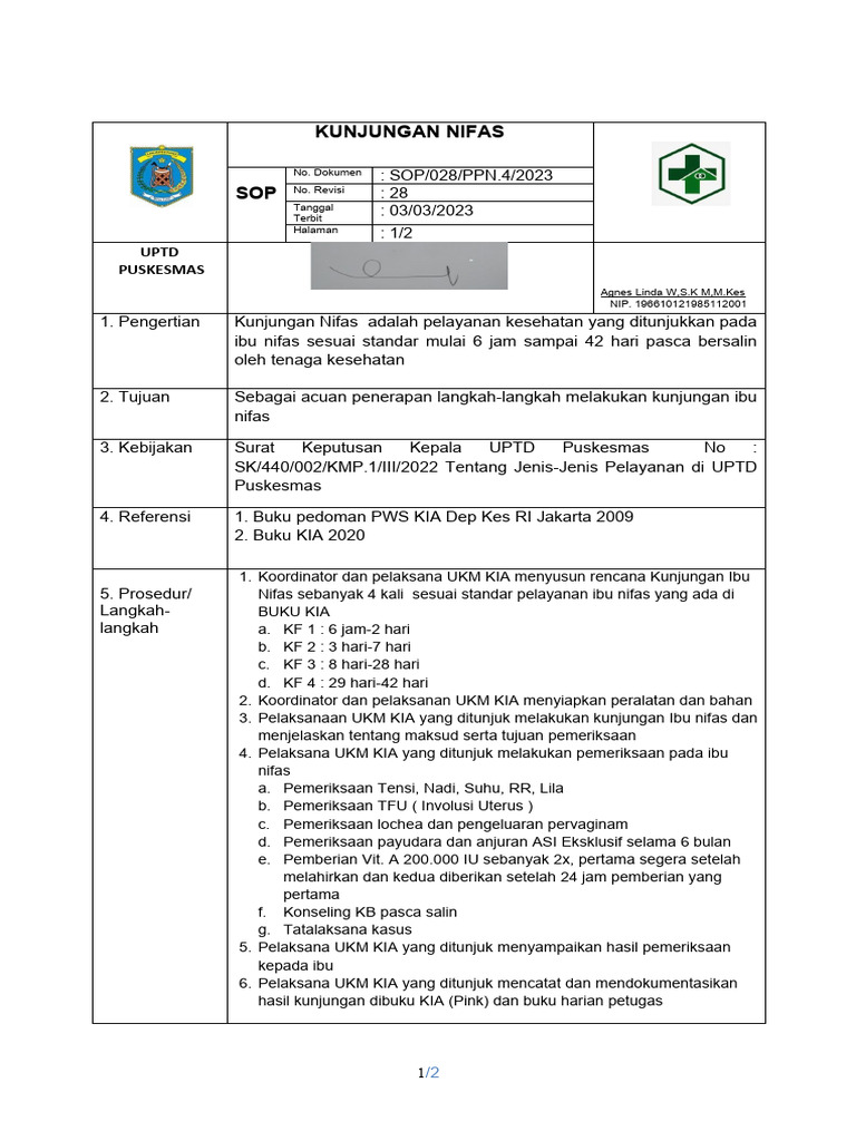 Sop Kunjungan Ibu Nifas 2023 | PDF