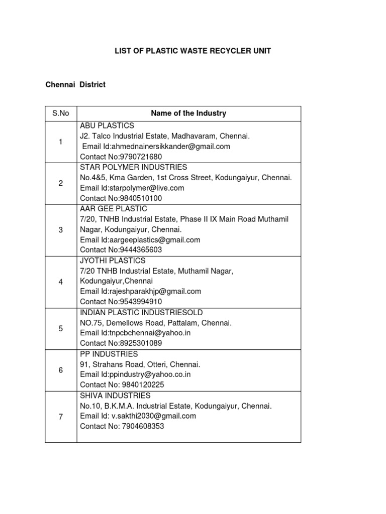 Plastic waste Recycler List- Chennai | PDF