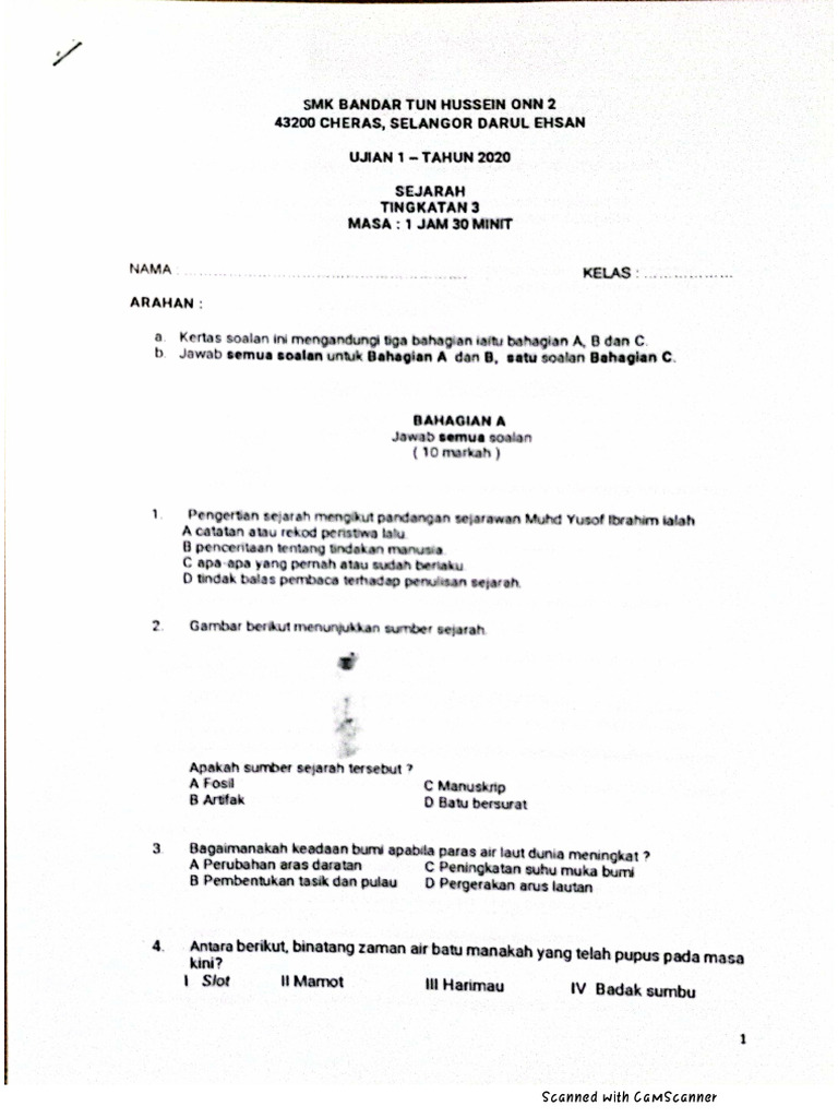 UJIAN 1 SEJARAH F3 2020 SMKBTHO2 | PDF