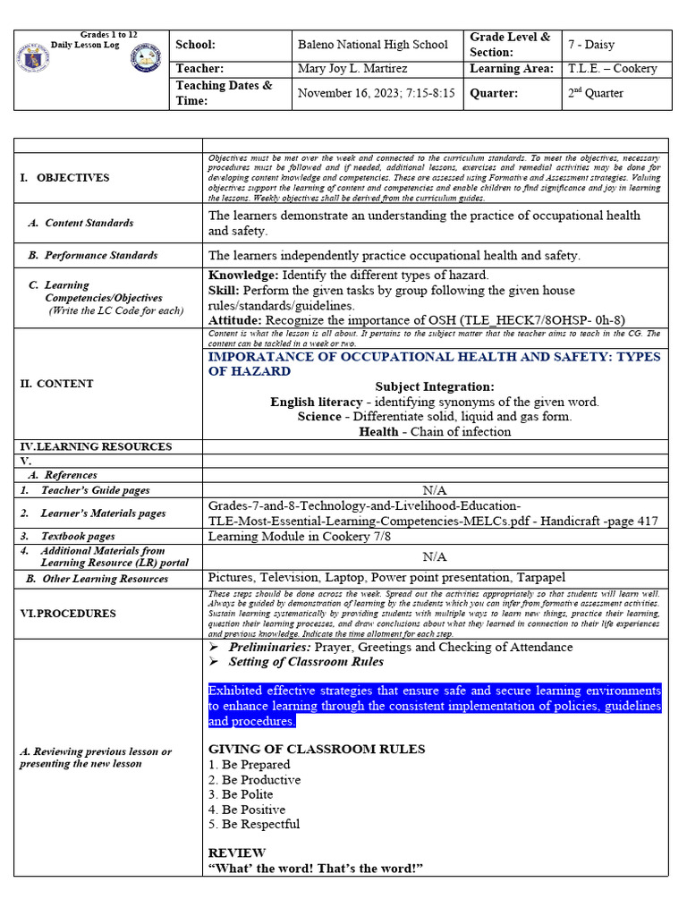 Types of Hazards in TLE 7 Cookery | PDF