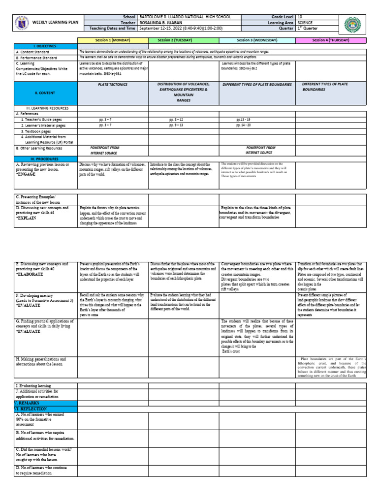 Q1 Week 2 Science 10 DLL | PDF | Plate Tectonics | Earth Sciences