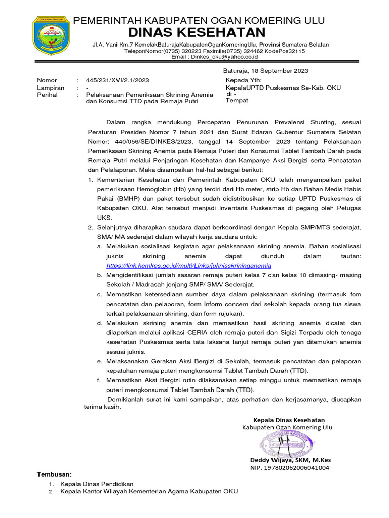 Surat Pelaksanaan Pemeriksaan Skrining Anemia PKPR | PDF