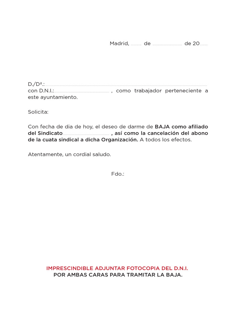Formulario Baja Sindicato - Formulario | PDF