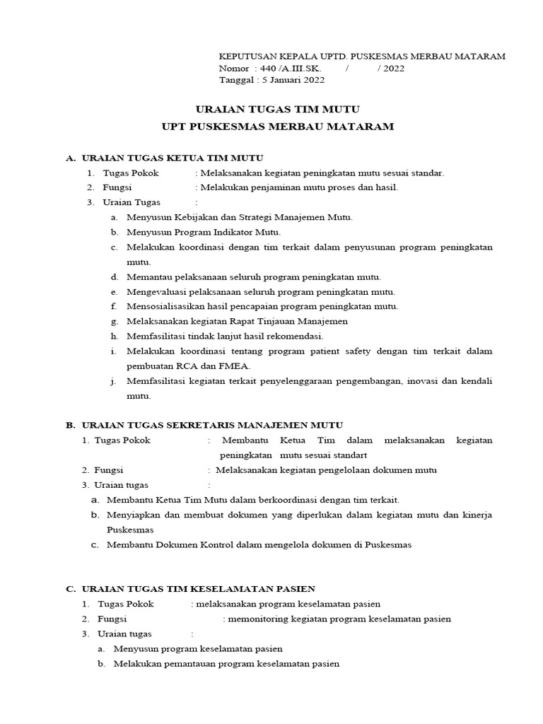 Uraian Tugas Tim Mutu | PDF