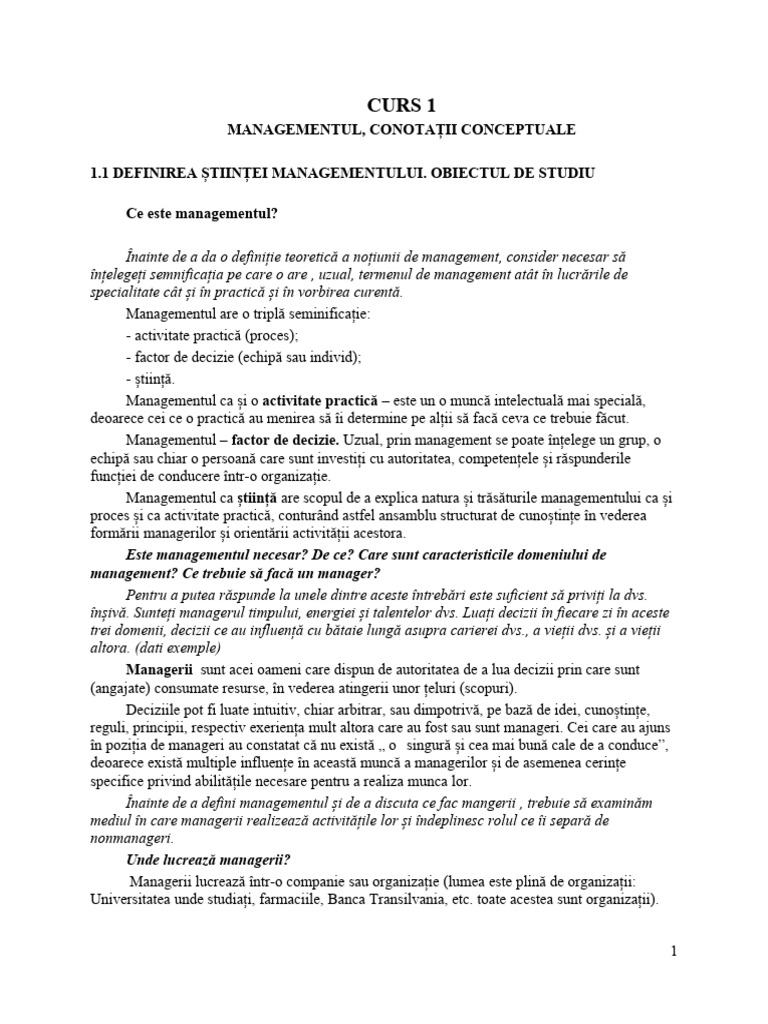 CURS 1-Bazele Managementului | PDF