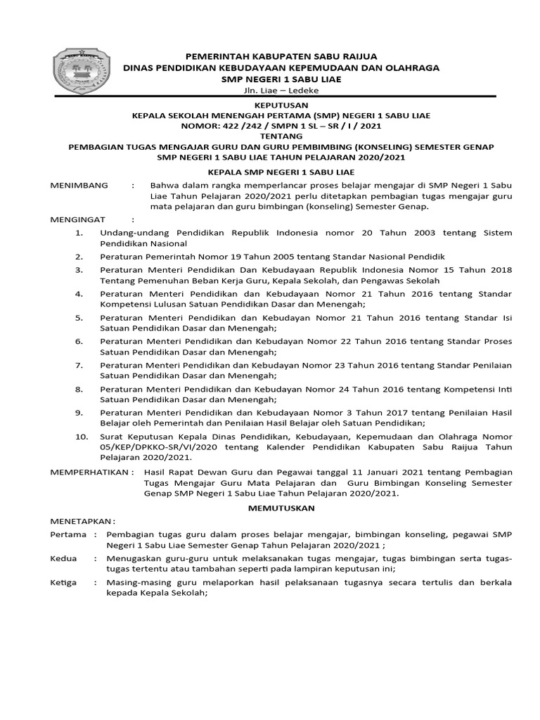 SK Pembagian Tugas Semester 2 THN 2020-2021 | PDF