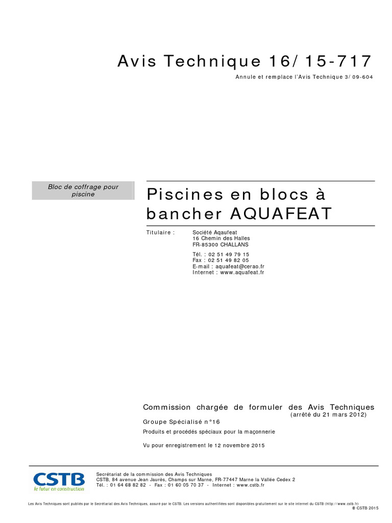 Fiche Technique Piscine À Bloc À Bancher CSTB | PDF