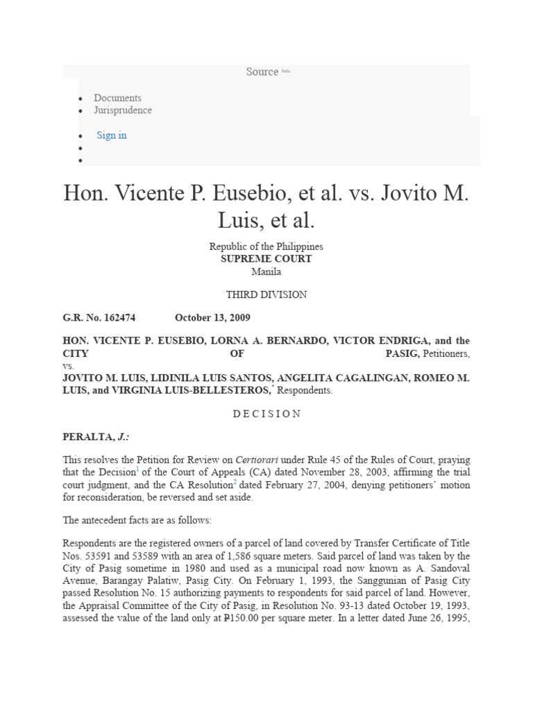 Eusebio Vs Luis | PDF | Eminent Domain | Just Compensation