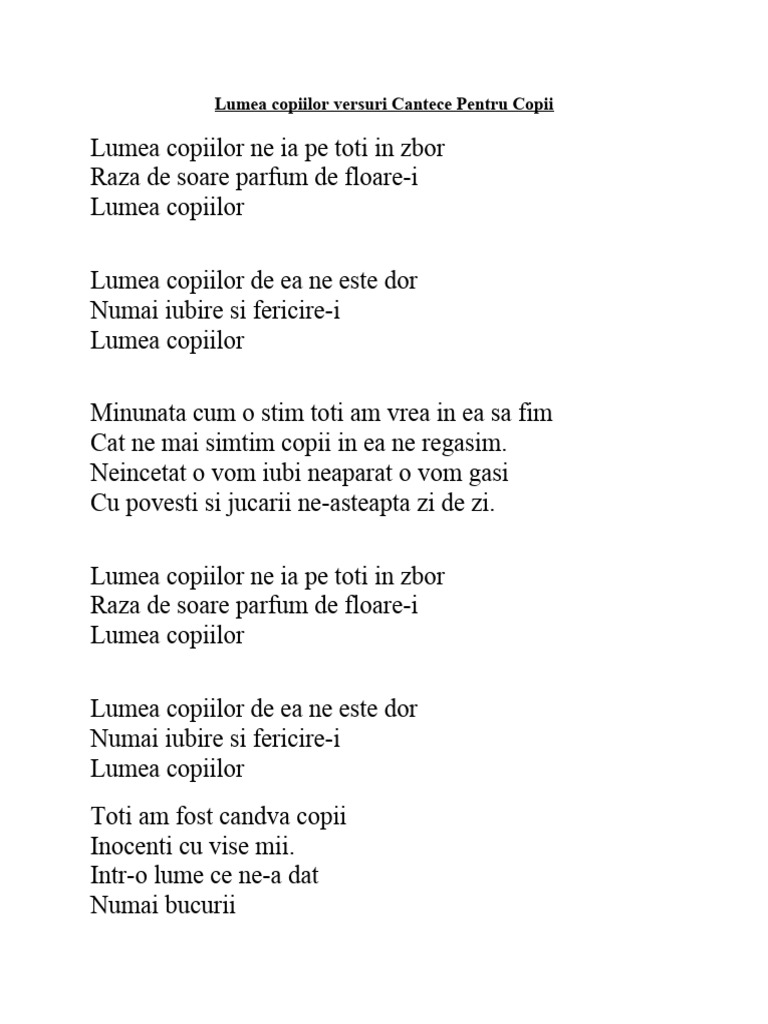 Lumea Copiilor Versuri Cantece Pentru Copii | PDF