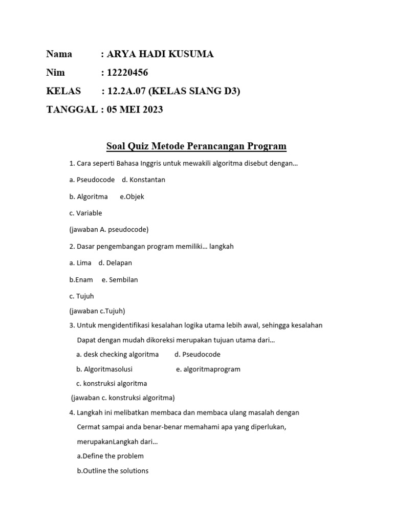 Tugas Soal Quiz Metode Perancangan Program | PDF