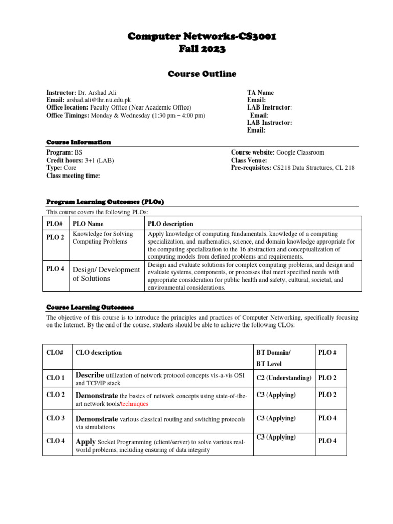CN Course Outline | Download Free PDF | Computer Network | Transmission Control Protocol
