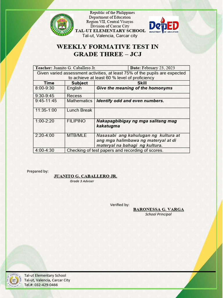 Weekly Assessment for Grade 3 Students | PDF