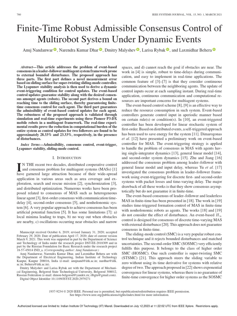 Finite-Time Robust Admissible Consensus Control of Multirobot System Under Dynamic Events | PDF ...