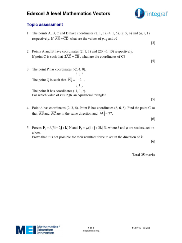 A Level Maths Vectors Topic Assessment | PDF | Teaching Methods & Materials