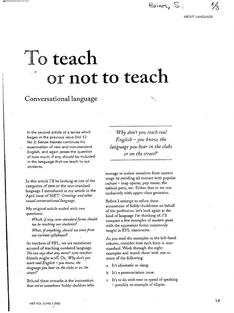 Haines S 2003 To Teach or Not To Teach, Conversation Language | PDF