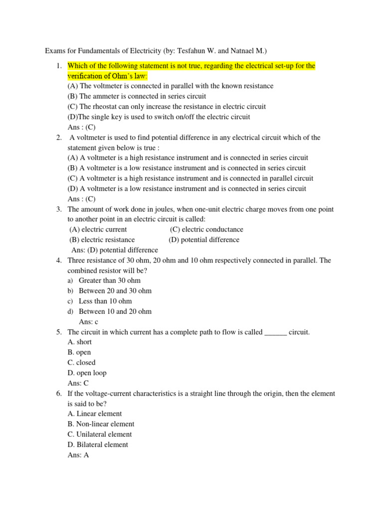 Exams For Fundamentals of Electricity | PDF