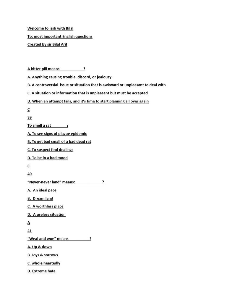 TCC English Most Repeated McQs by Sir Bilal Arif | PDF