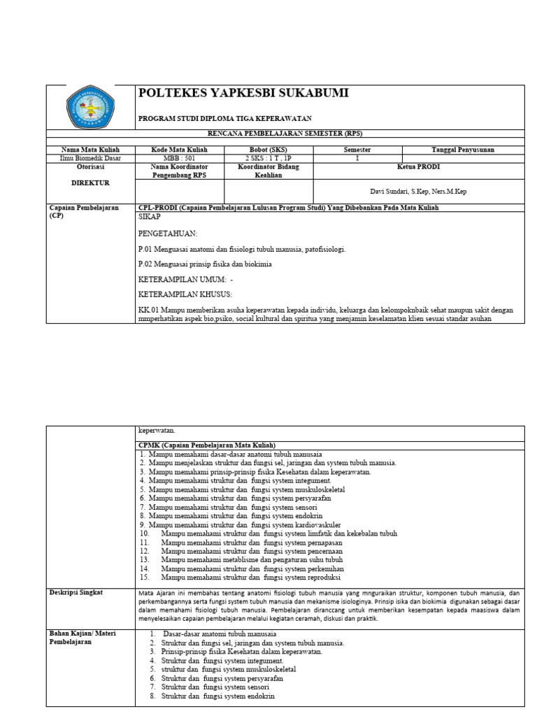 RPS Keperawatan: Ilmu Biomedik Dasar | PDF | Sains & Matematika