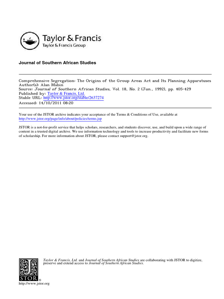 Mabin Comprehensive Segregation JSAS 1992 | PDF
