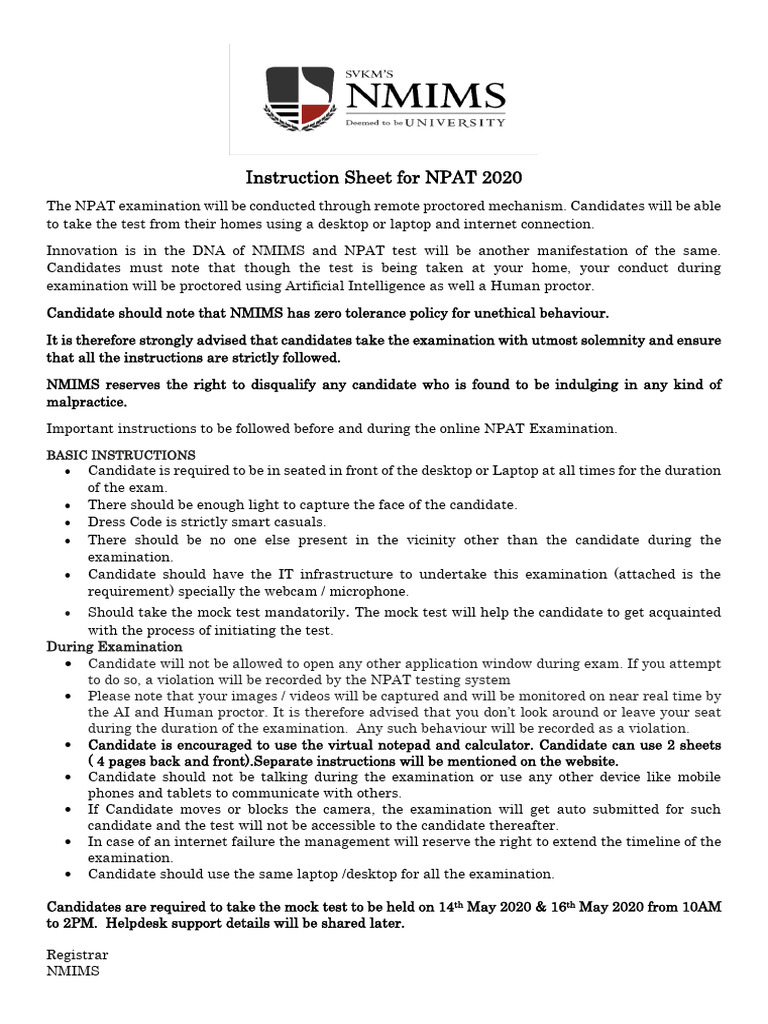 NPAT 2020 Online Exam Instructions | PDF | Internet | Desktop Computer