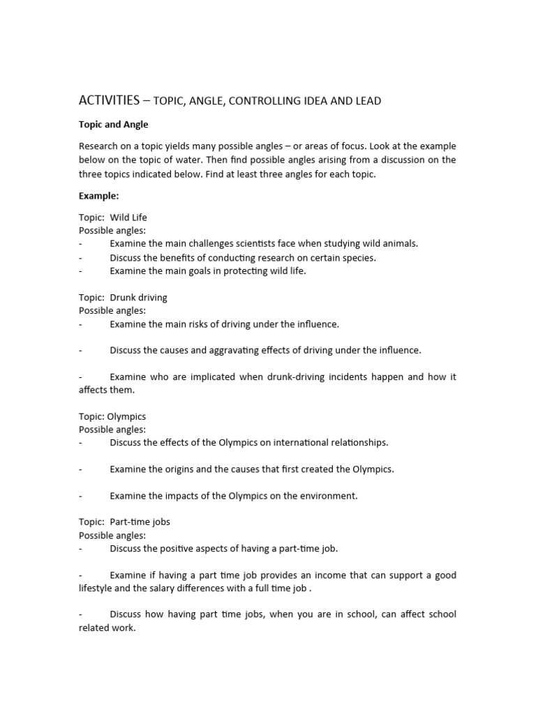 Activities - : Topic, Angle, Controlling Idea and Lead | PDF | Water ...