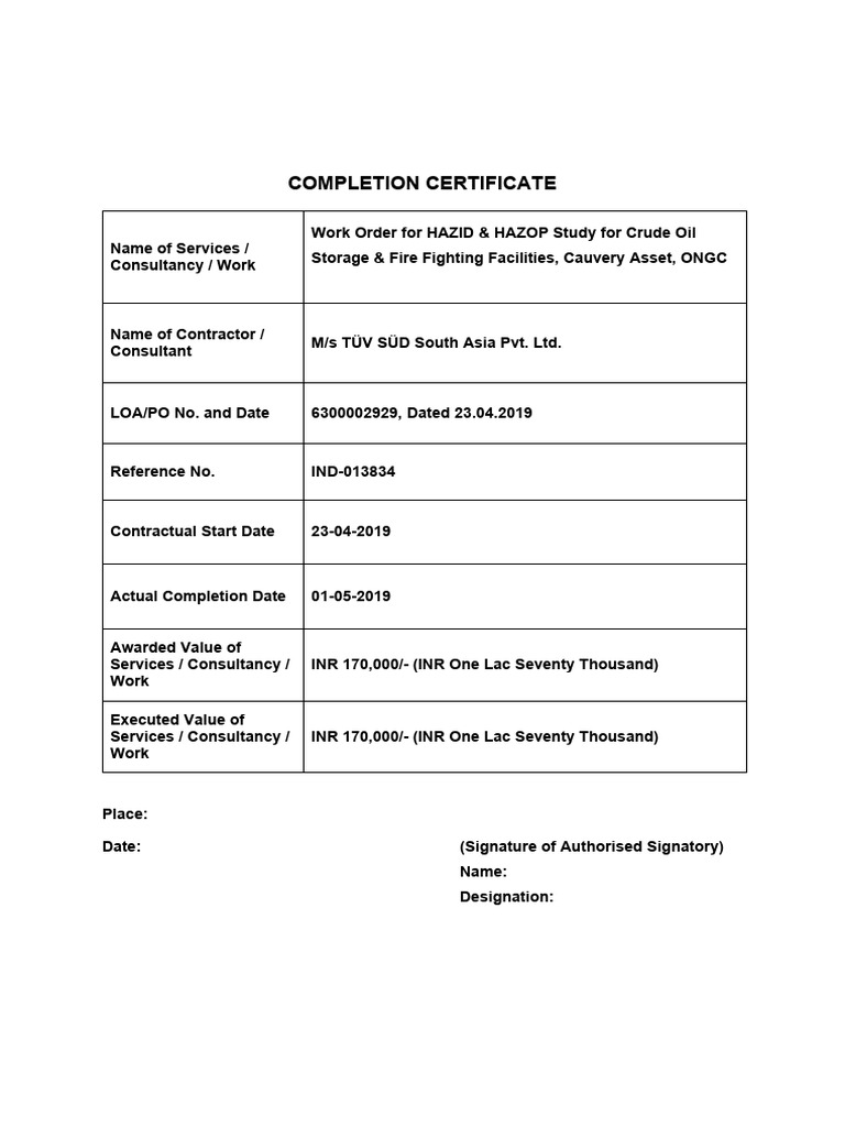 Completion Certificate for HAZID Study | PDF