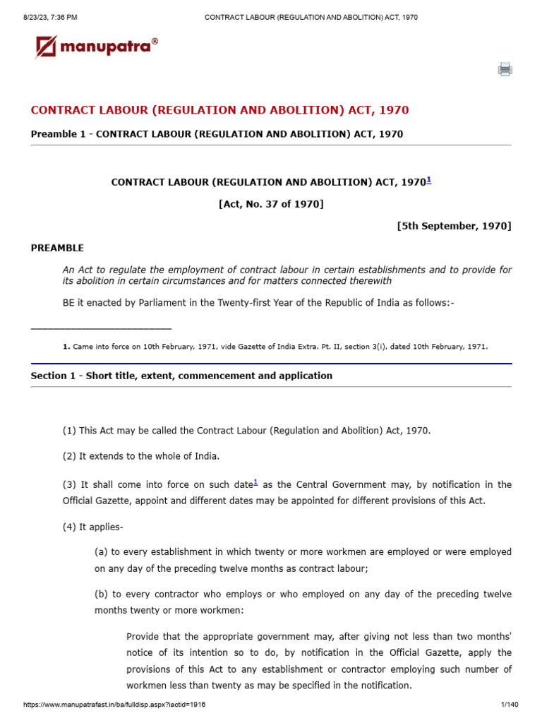 Contract Labour Act 1970 Overview | PDF | License | Employment