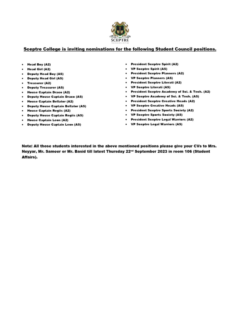 Student Council Positions 2023 | PDF