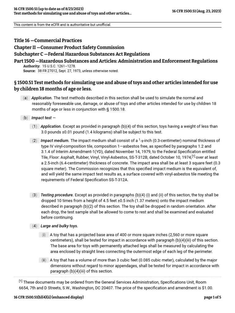 16 CFR 1500.51 (Up To Date As of 8-23-2023) | PDF | Force | Area