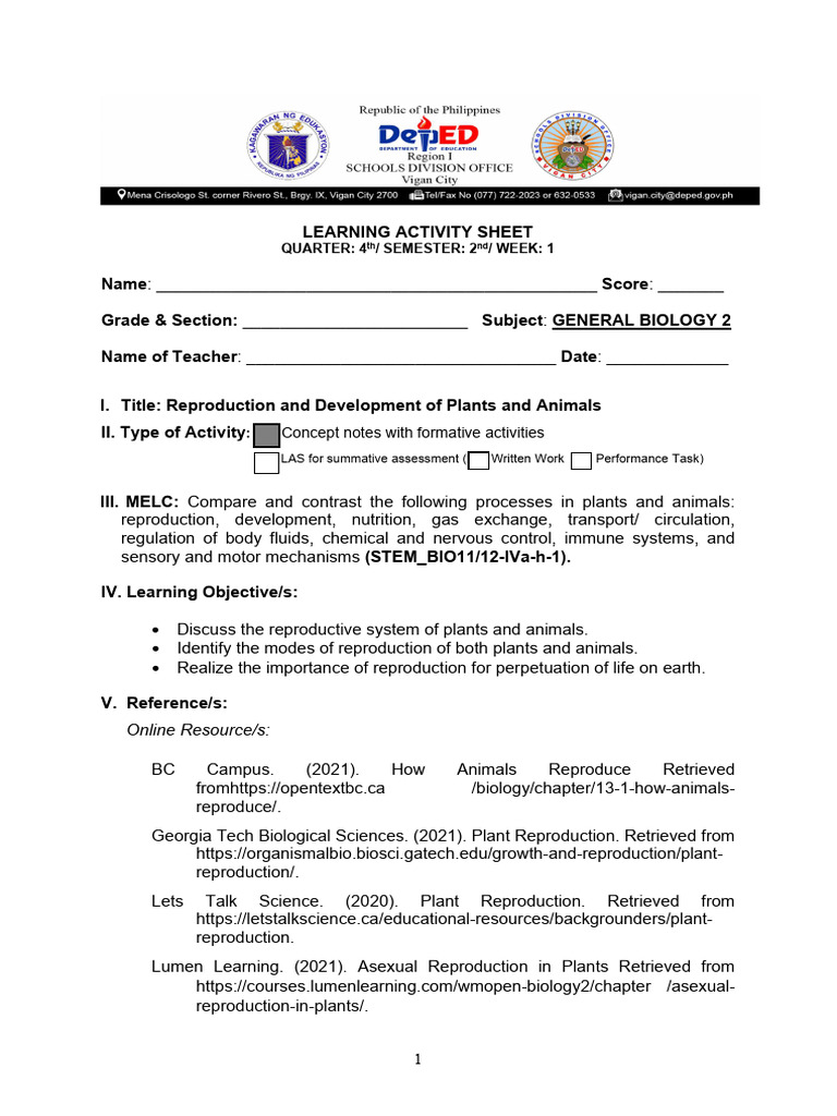 LAS GenBio2 MELC 1 Week 1 | PDF | Sex | Reproduction