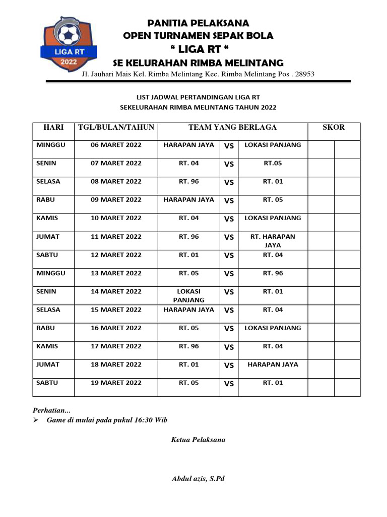 Panitia Pelaksana Liga RT RM | PDF