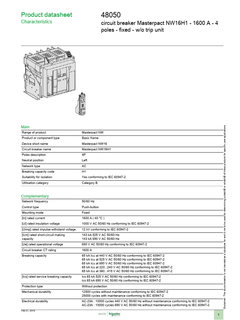 Masterpact NW16H1 Circuit Breaker Specs | PDF | Alternating Current | Hertz