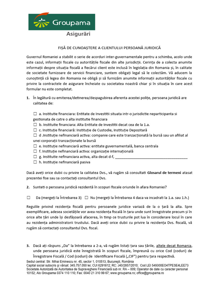 Fisa de Cunoastere A Clientului Preexistent Persoana Juridica | PDF