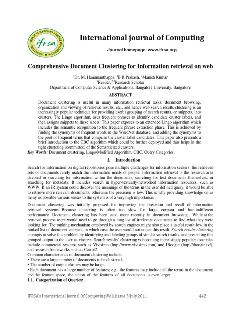 International Journal of Computing: Comprehensive Document Clustering For Information Retrieval ...