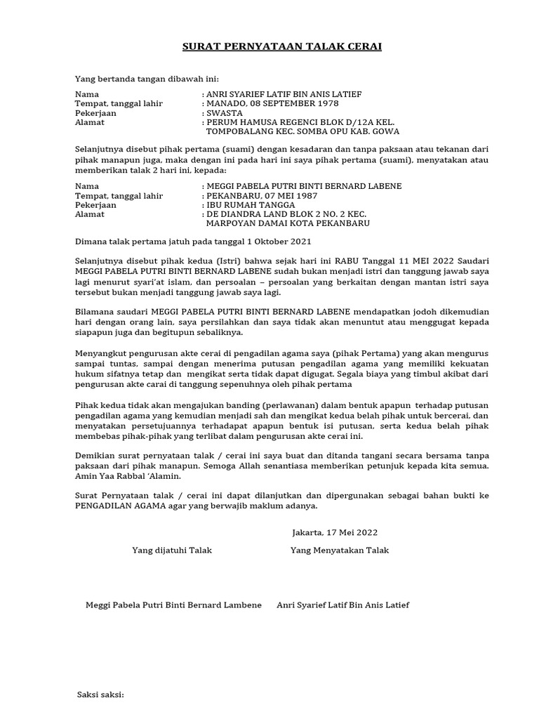 Surat Pernyataan Talak Cerai - Putusan - Ansir | PDF