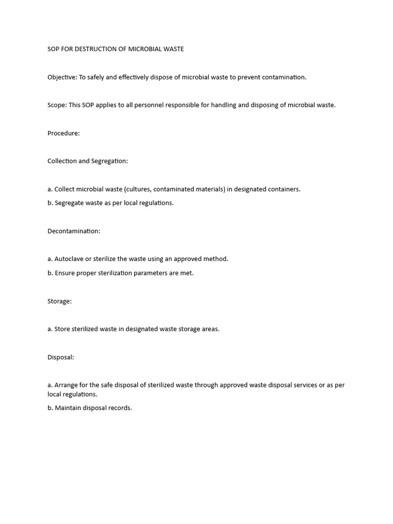 Sop For Destruction of Microbial Waste | PDF