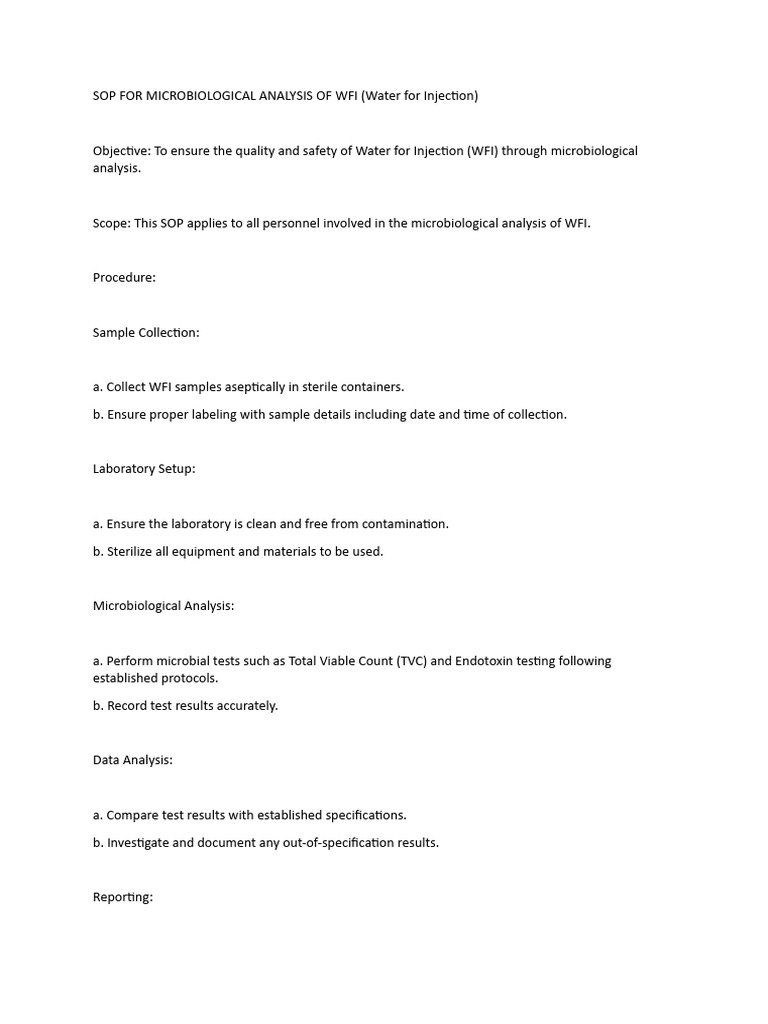 Microbiological Analysis SOP for WFI | PDF