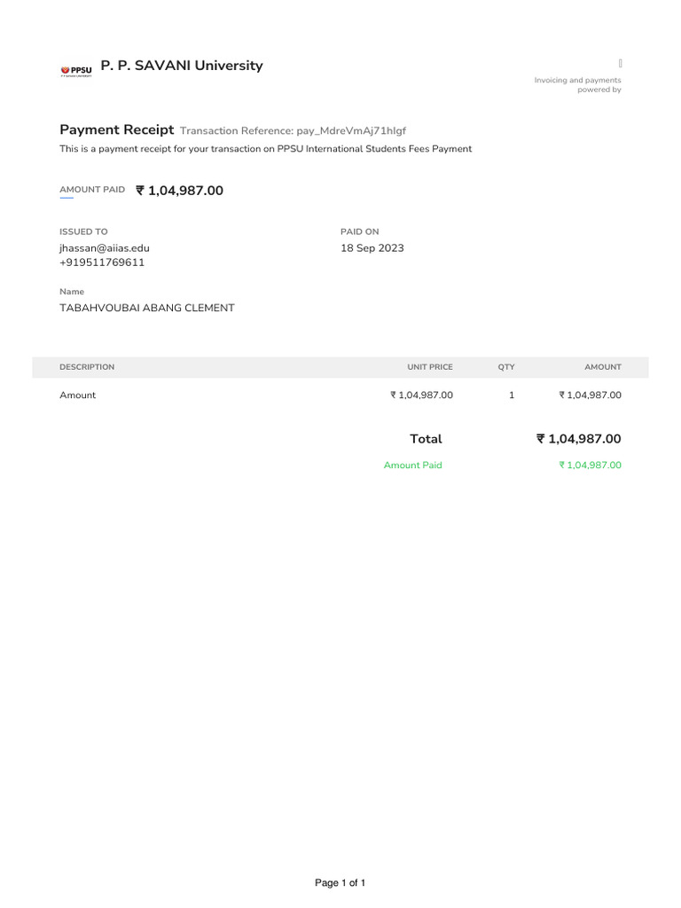 Receipt pay_MdreVmAj71hIgf from PP Savani University (Paid) | PDF