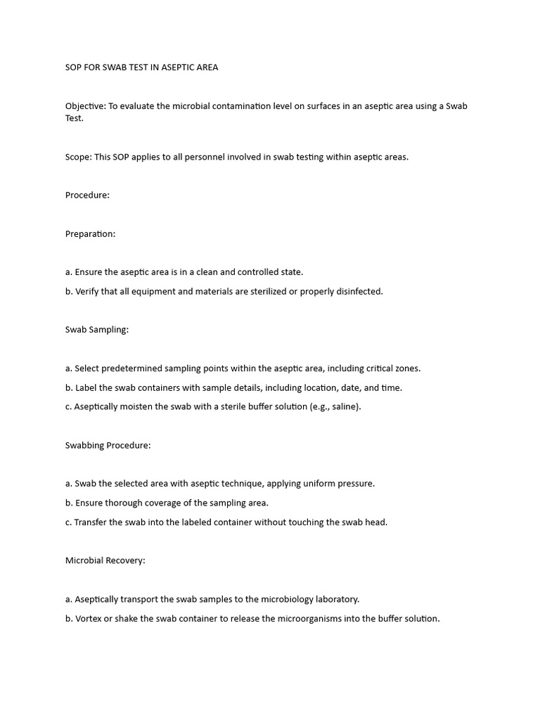 Sop For Swab Test in Aseptic Area | PDF