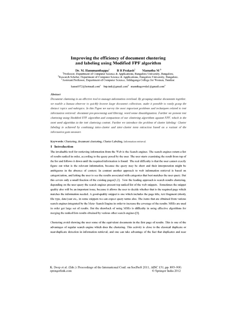 Improving The Efficiency Of Document Clustering And Labeling Using Modified Fpf Algorithm Pdf