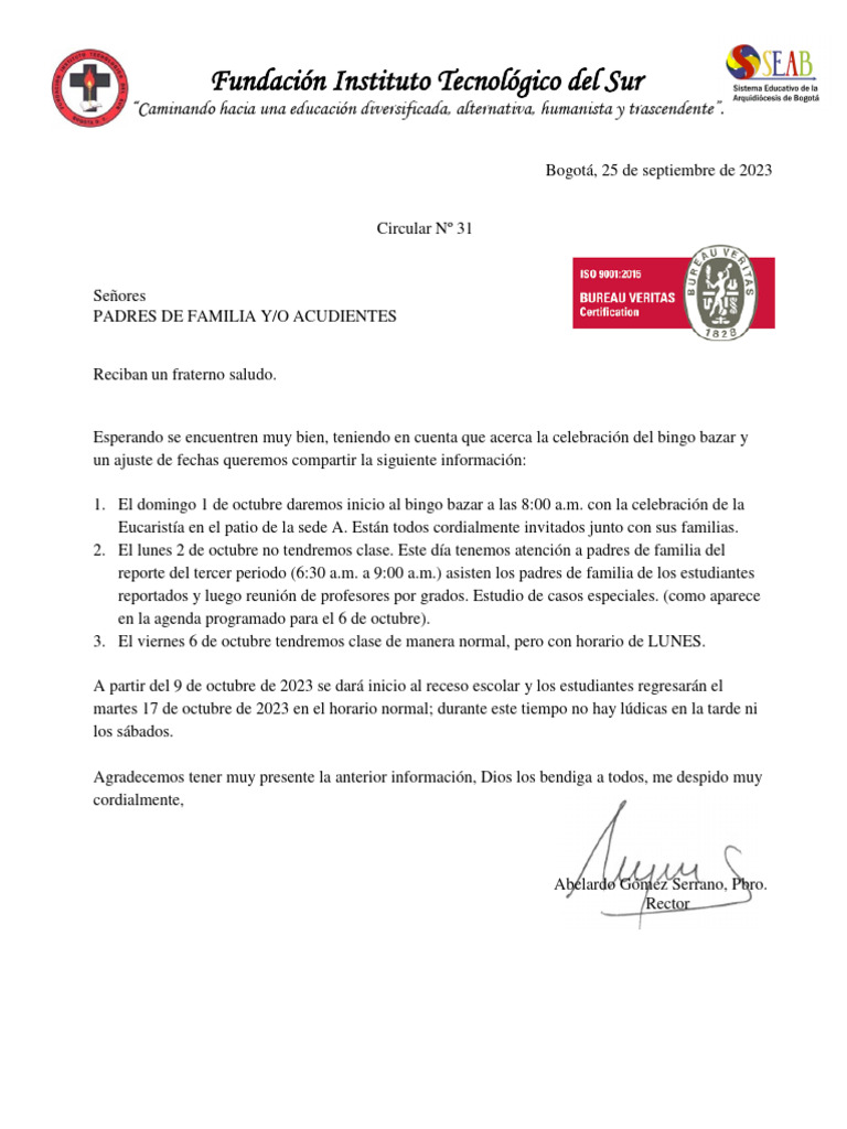 Circular No. 31 Comunicado Bingo Bazar, Citación A Padres de Familia y Receso Escolar | PDF