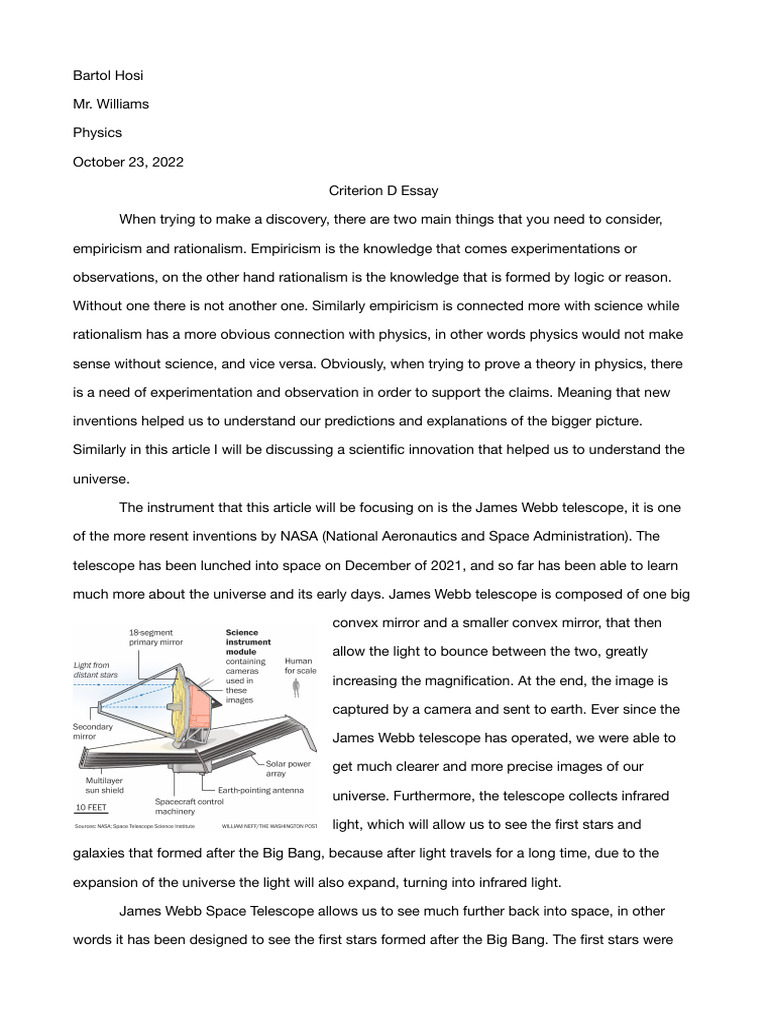 IB MYP Year 9 Science Essay - James Webb Telescope | PDF | Telescope ...