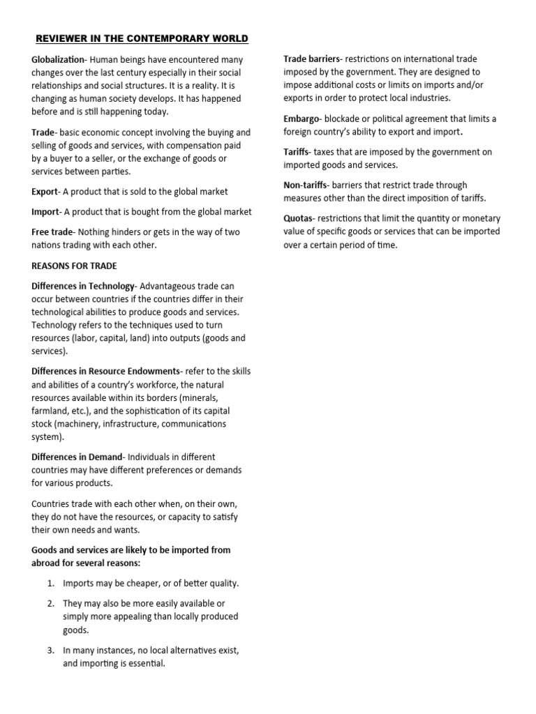 Reviewer in The Contemporary World | PDF | Exports | Trade