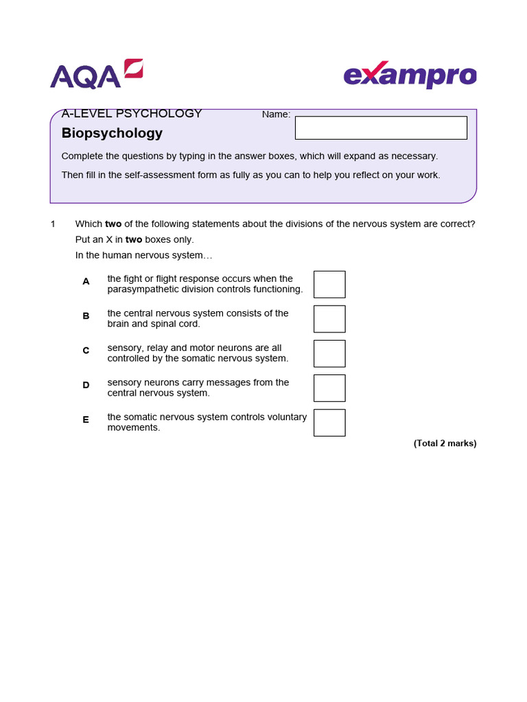 Exampro Biopsych Test Yr12 | PDF